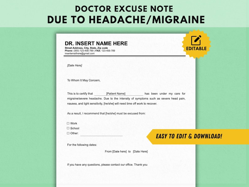 Doctor Excuse Note Template Due to Headache, Medical Excuse Note ...