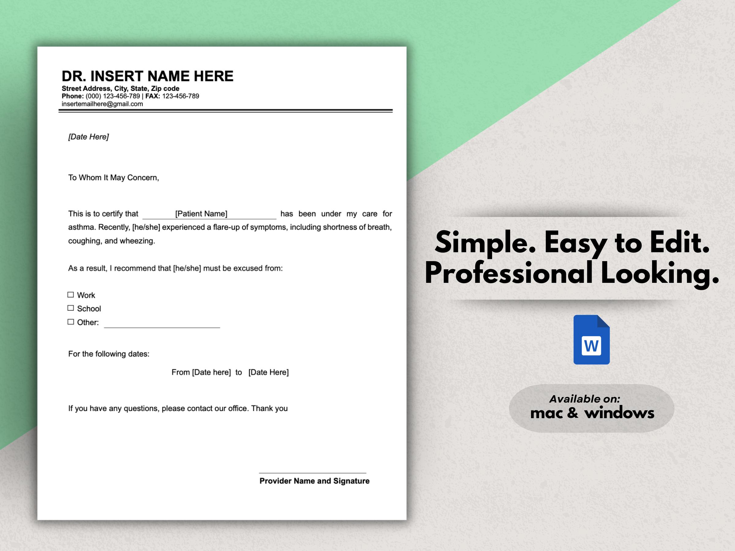 Asthma Doctor Excuse Note Template: Editable Medical Form (A4 & US ...