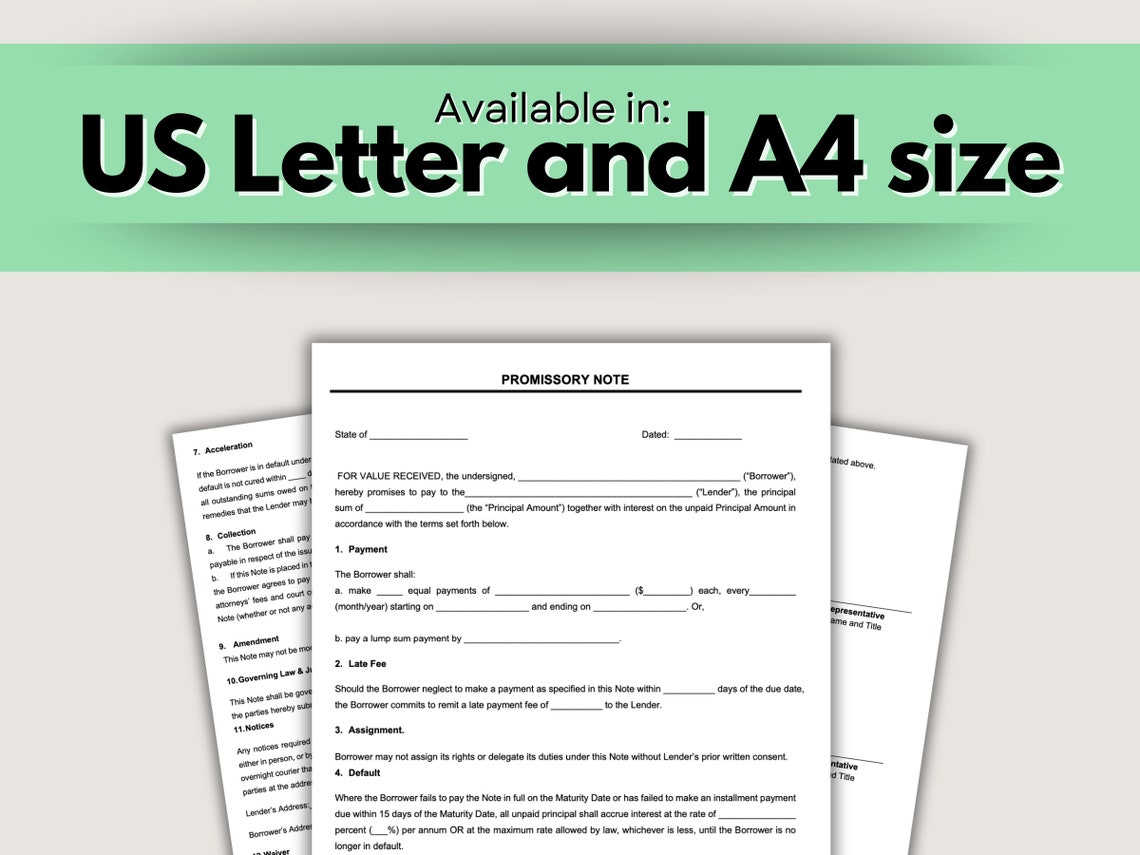 Promissory Note Template for Loans, Promissory Note for Debt Promissory ...
