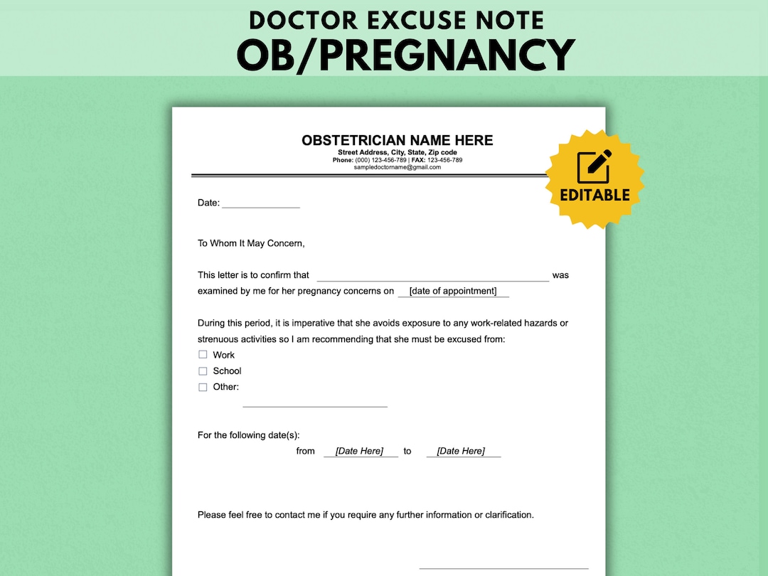 Doctor Excuse Note Template for Obstetrician, Medical Excuse Note ...
