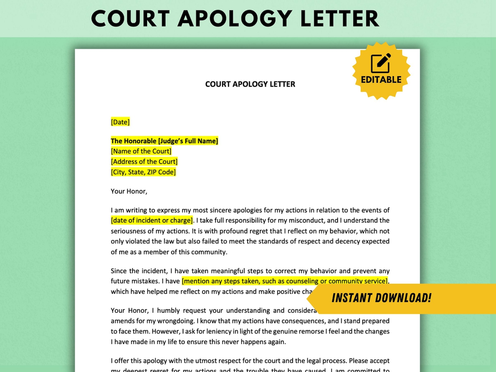 Court Apology Letter Template: Customizable & Professional (instant ...