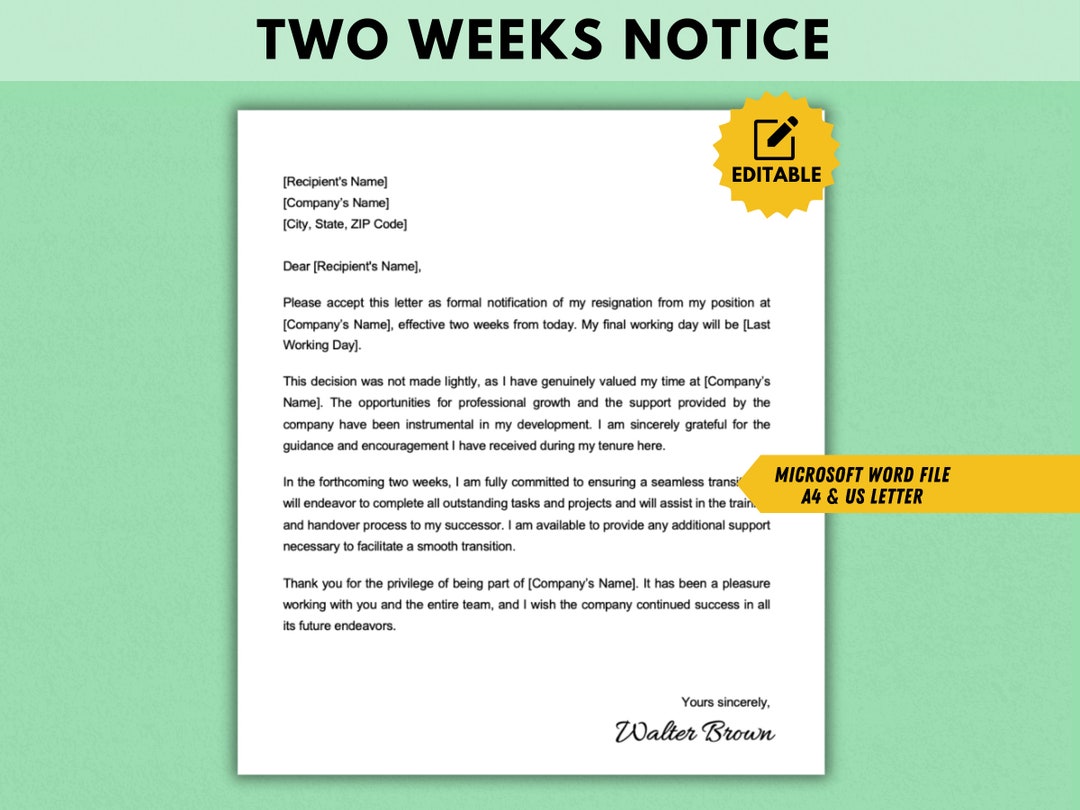 Notice Letter, Two Weeks Notice Letter, Resignation Letter Template ...