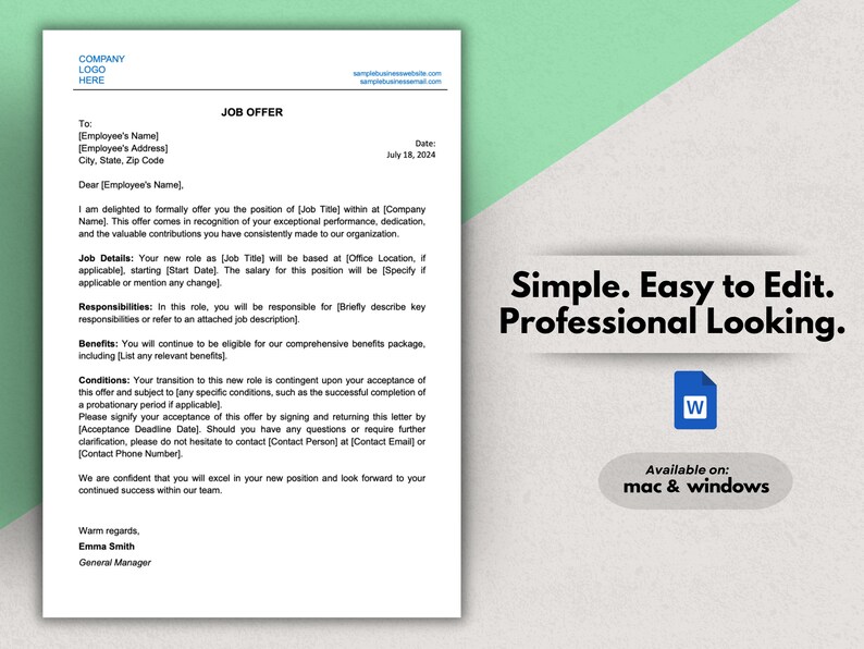 Professional Job Offer Letter Template Employment Offer Letter Internal ...