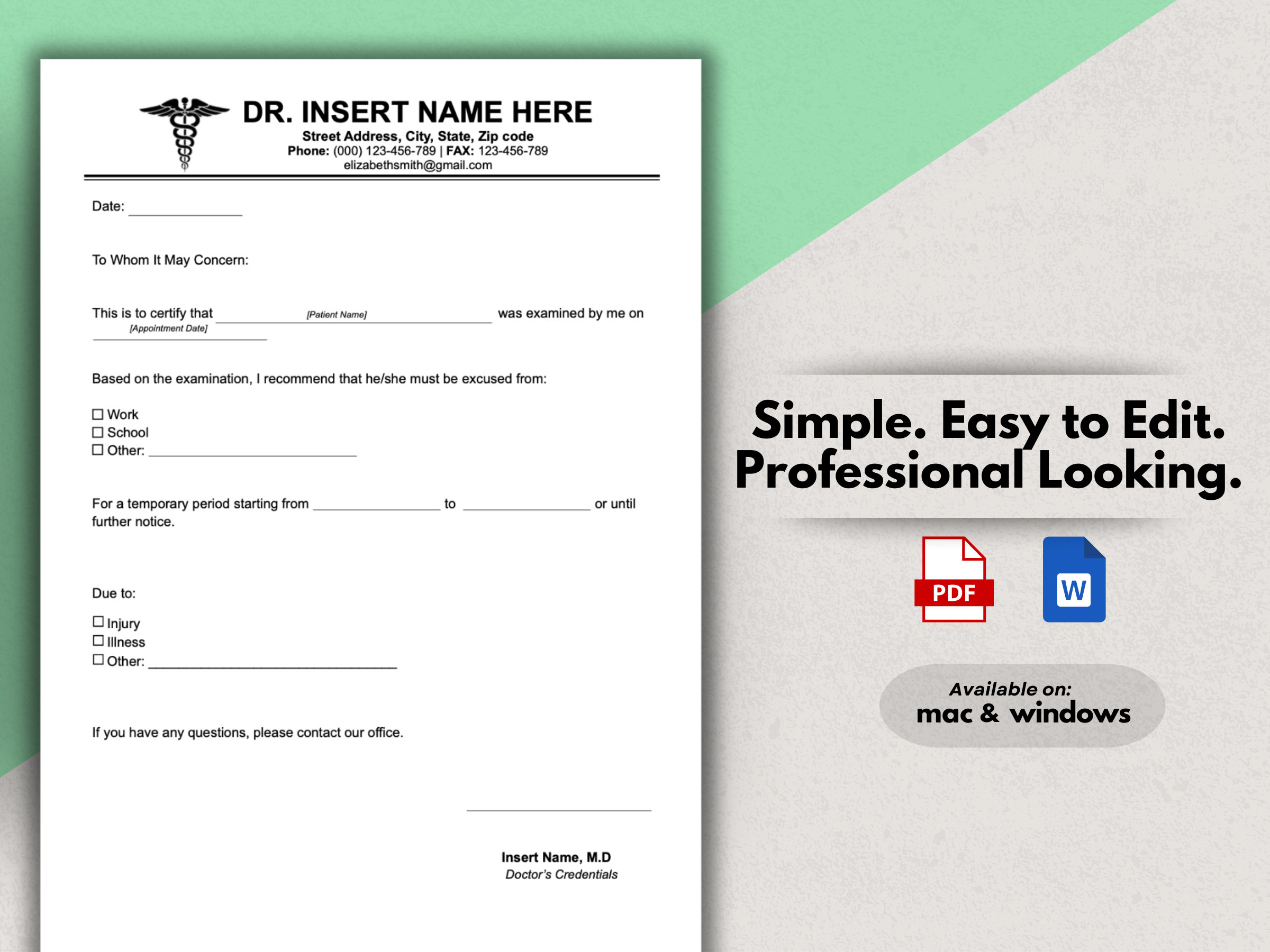 Doctors Excuse Note for Work Editable Emergency Excuse Note Sick Leave ...