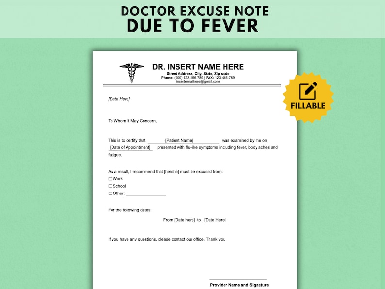 Fillable Doctor Excuse Note Due to Fever, Doctors Note for Work, Doctor ...