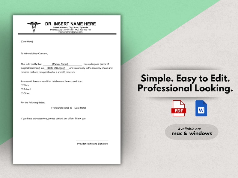 Fillable Doctor Excuse Note Template for Surgery (PDF, Word) - Etsy