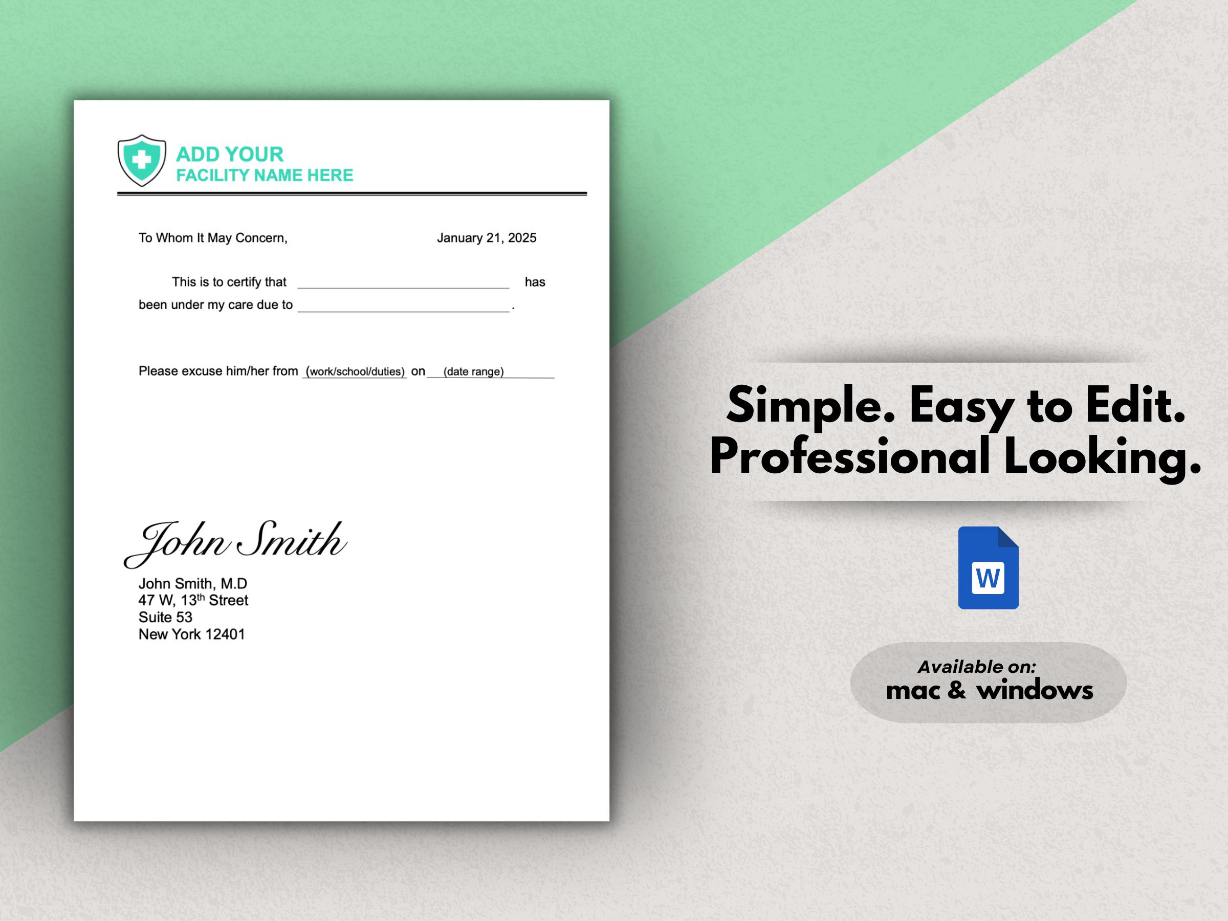 Doctor's Excuse Note Template: Customizable Medical Form (microsoft ...