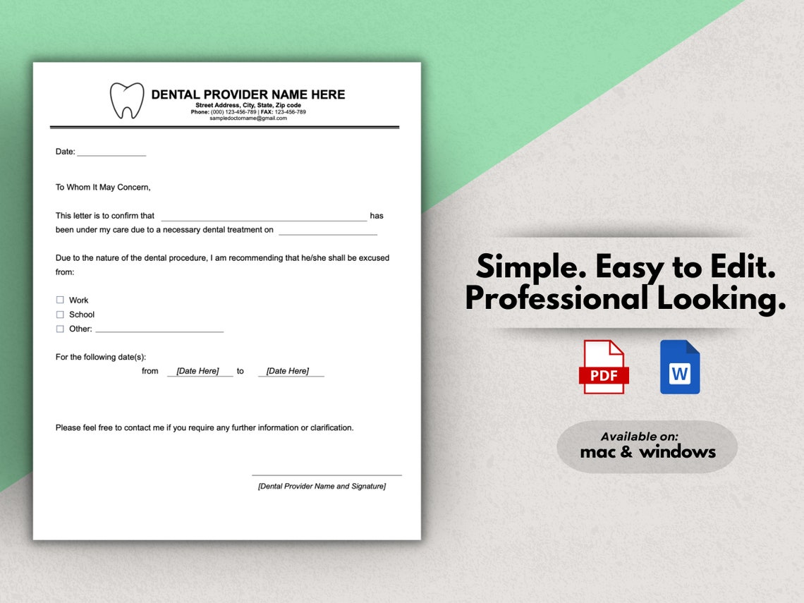 Dentist Excuse Note Template Dental Medical Excuse Note Instant ...