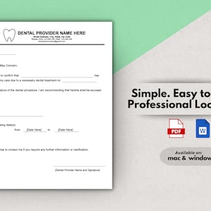 Dentist Excuse Note Template Dental Medical Excuse Note Instant ...
