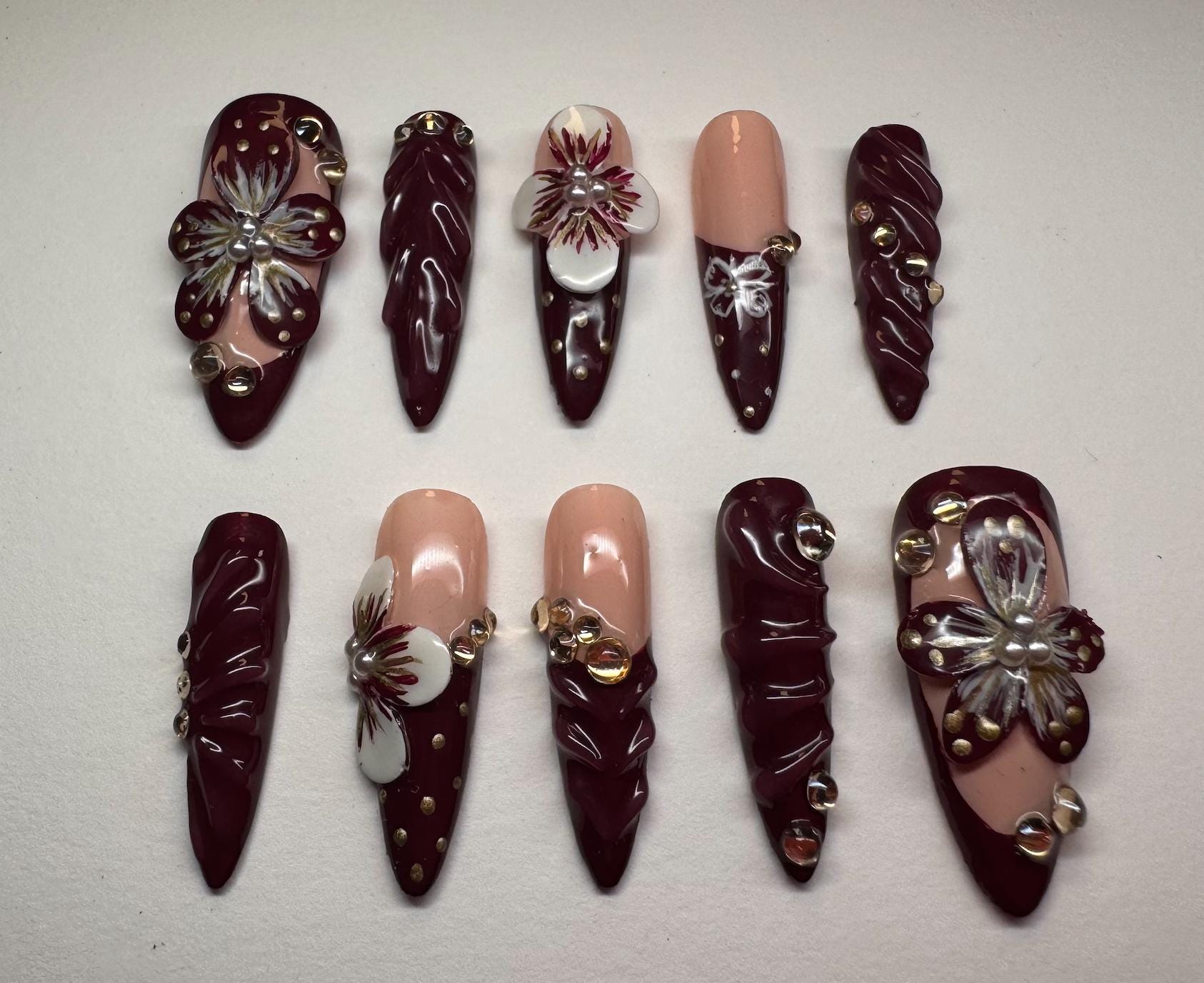 Red Floral Press on Nails With 3D Flowers- Autumn, Spring, Summer Nails ...