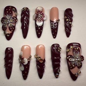 Red Floral Press on Nails With 3D Flowers- Autumn, Spring, Summer Nails ...