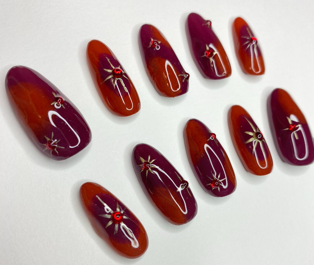 Celestial Sunset Nails- Red Aura Nails- Press on Nails- Autumn Nails - Etsy