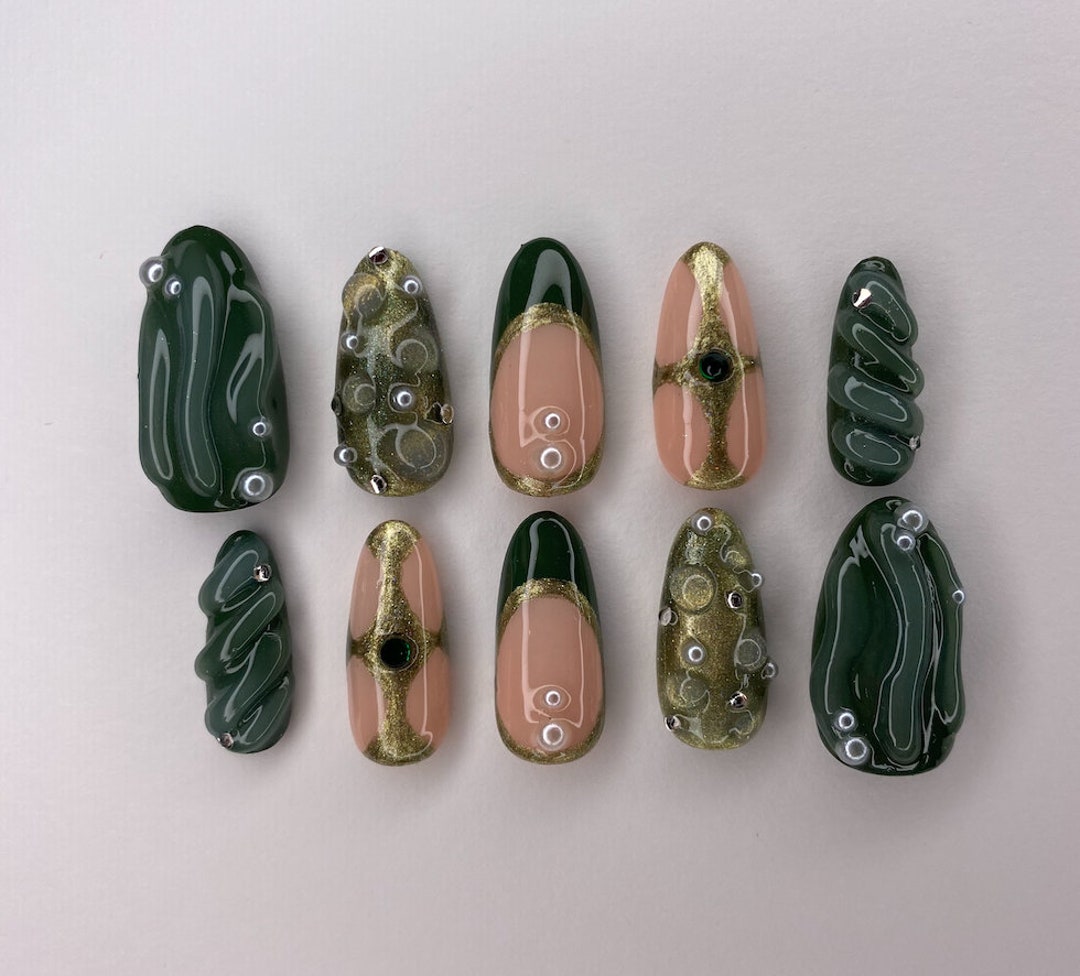Green Press on Nails- 3D Hand Made Press on Nails - Etsy