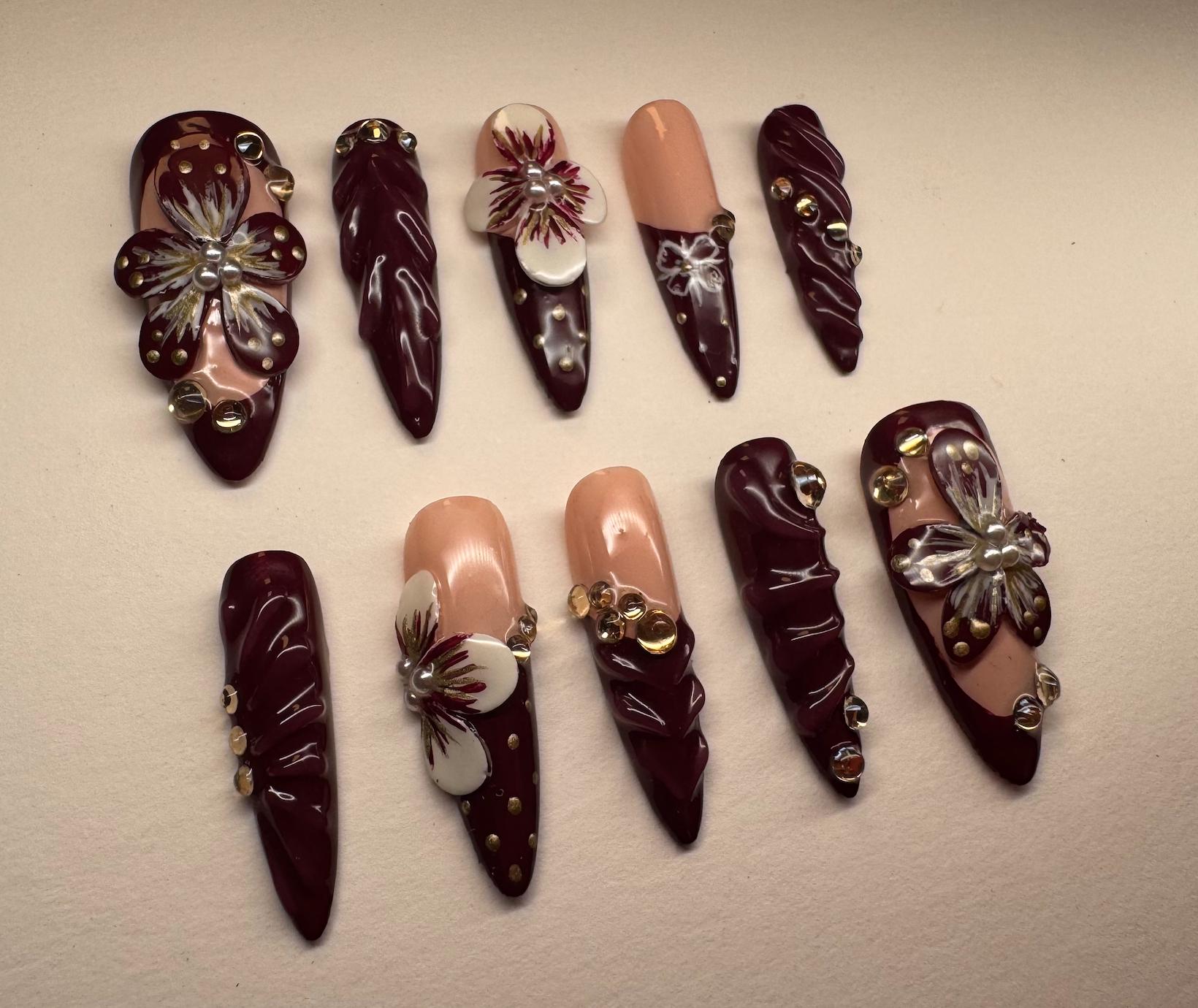 Red Floral Press on Nails With 3D Flowers- Autumn, Spring, Summer Nails ...