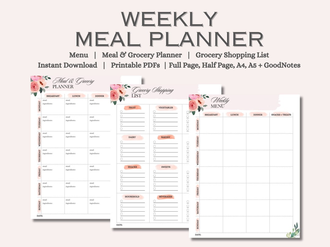 Weekly Meal Planner, Menu, Meal Grocery Planner, Grocery Shopping List ...