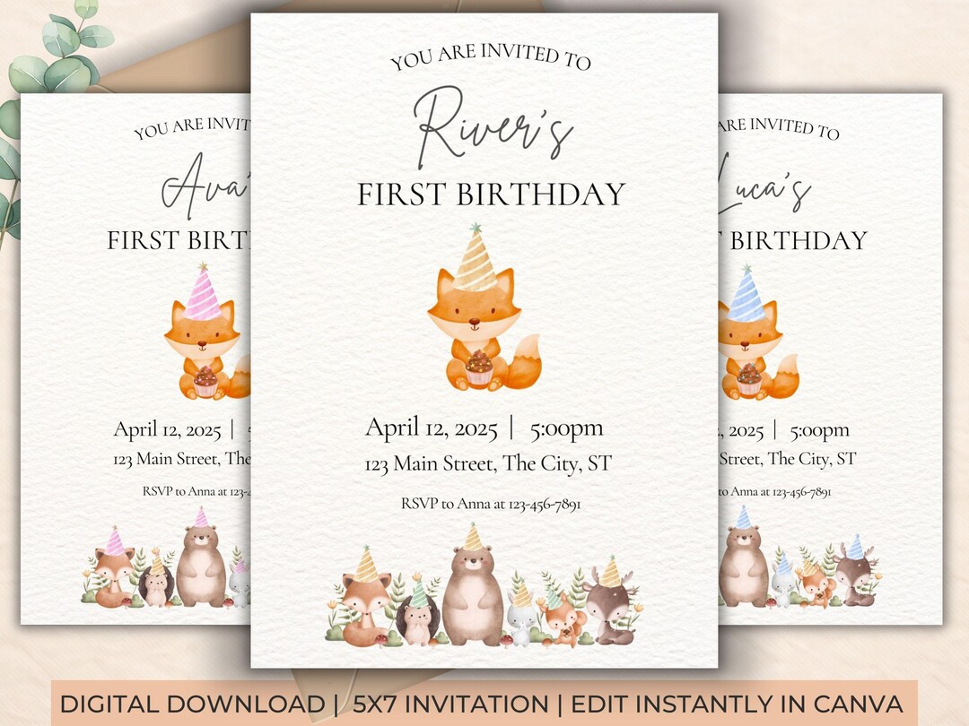 Fox Birthday Invitation | Woodland Theme Party | Watercolor Animals ...