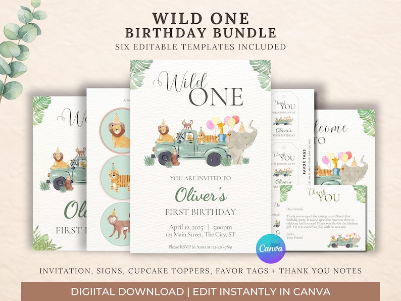 Wild One Birthday Decor Bundle, Green Zoo Sarai Animal Theme Party ...