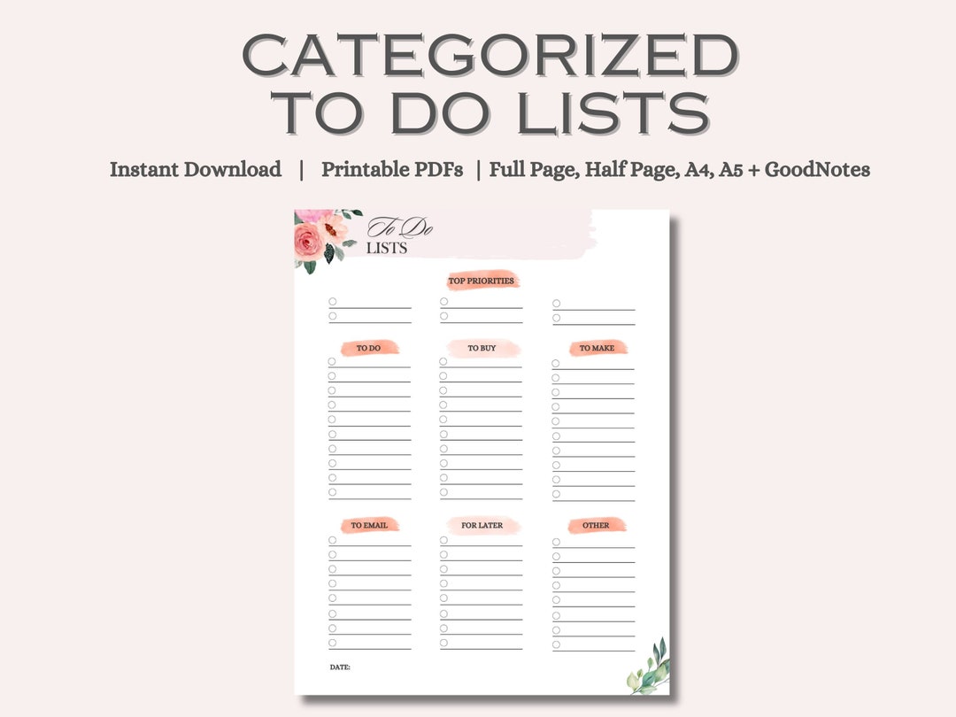 Categorized to Do List Printable, to Do List Template, Digital ...