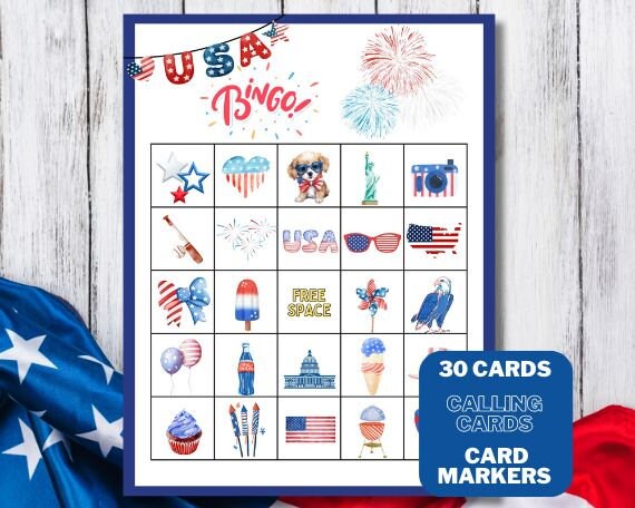 Patriotic America USA Bingo Printable Game Set of 30, Classroom Game ...