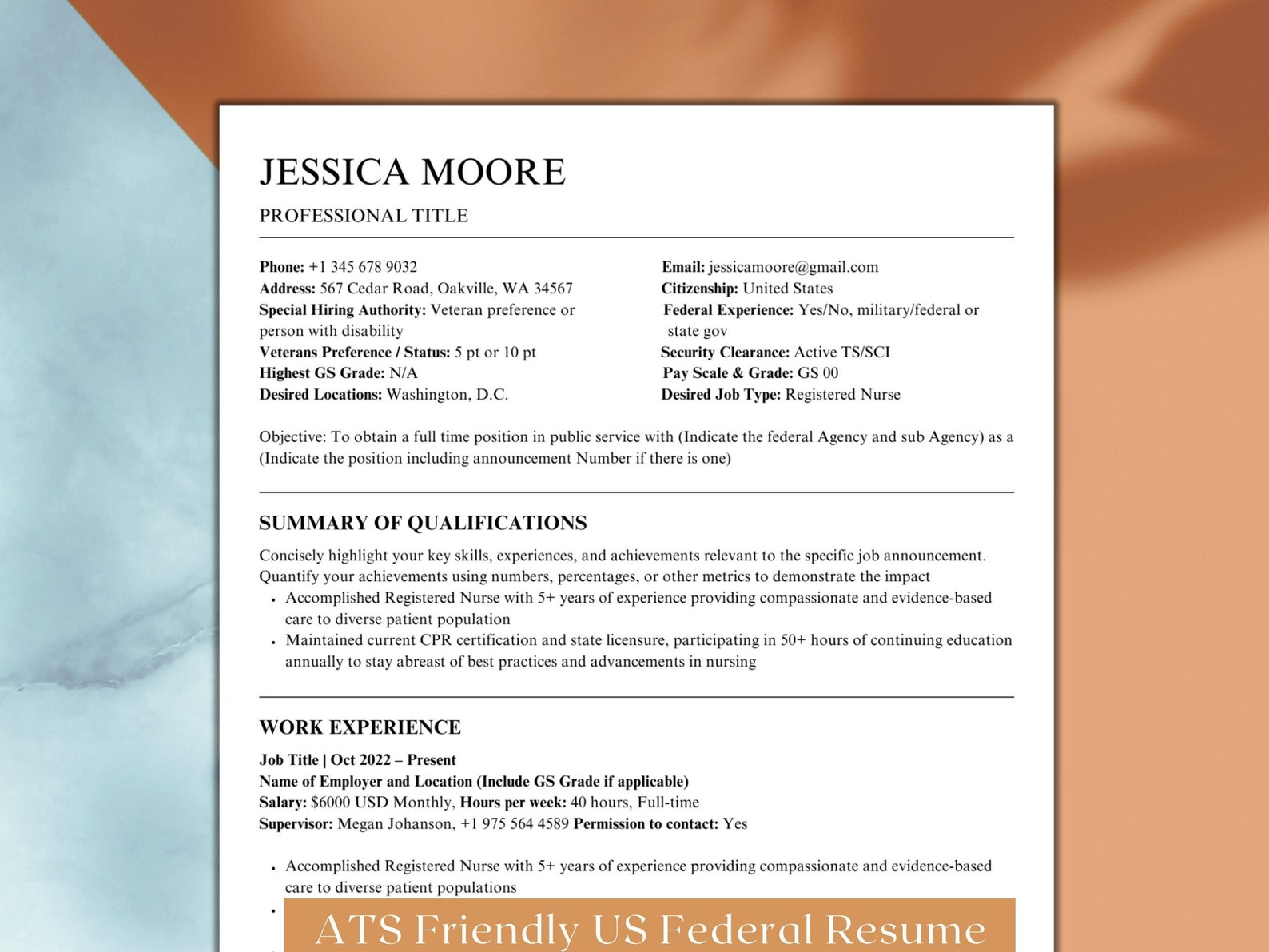 US Federal Resume Template Word & Canva, ATS Friendly | Civil Servant ...