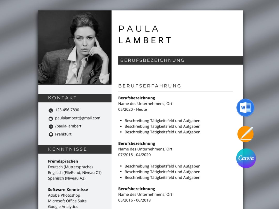 Modern German Resume Template: Professional CV Design (word, Pages ...