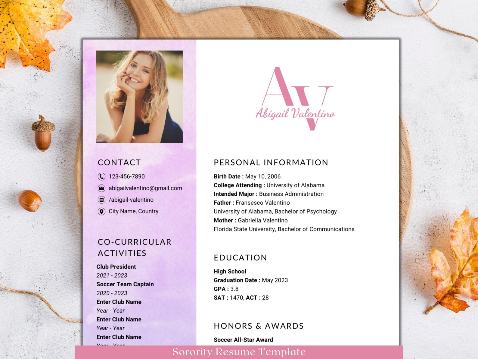 Sorority Resume Template, Social Resume With Photo, Pink Sorority ...