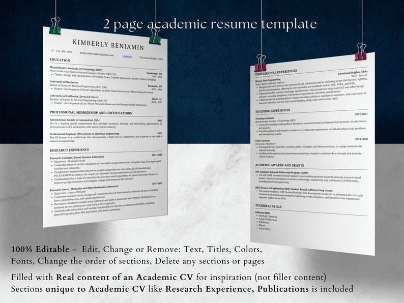 Academic CV Template, Word, Canva, Resume Template for Grad School ...