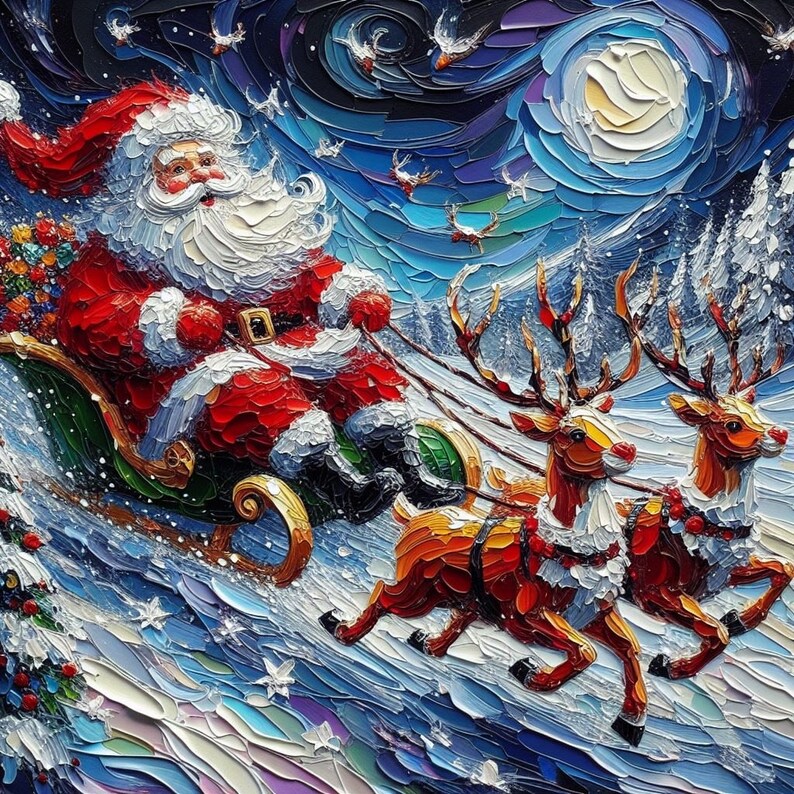 Digital Painting of Santa Claus Riding in His Sleigh Christmas Wall Art ...