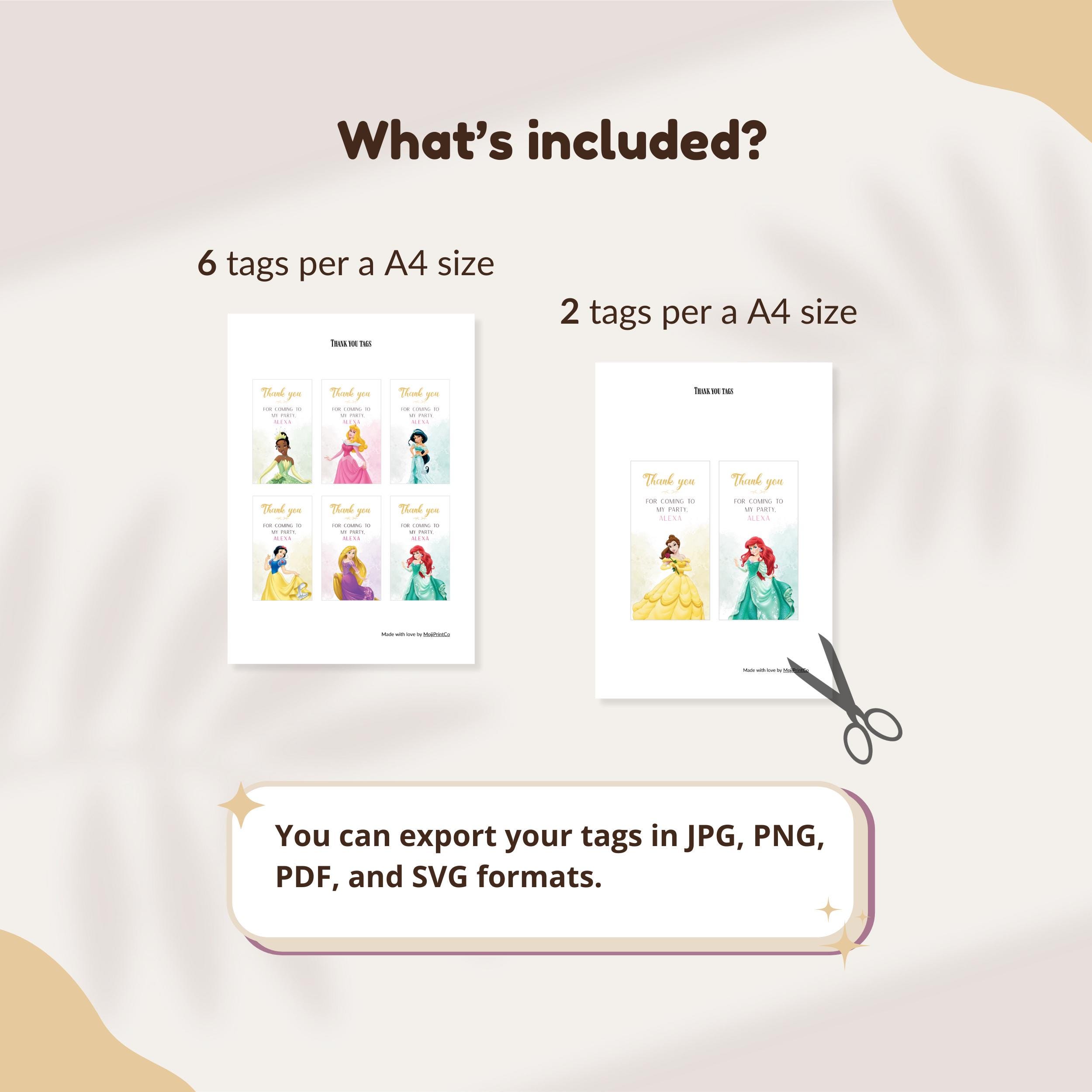 Princess Birthday Thank You Gift Tags: Printable Party Favor Decoration ...