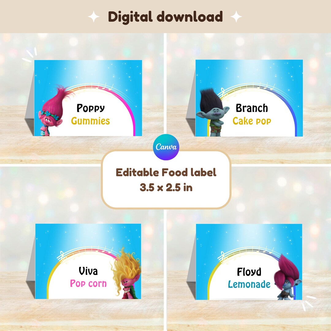 Editable Trolls Food Labels, Table Name Card, Trolls Place Card, Party ...