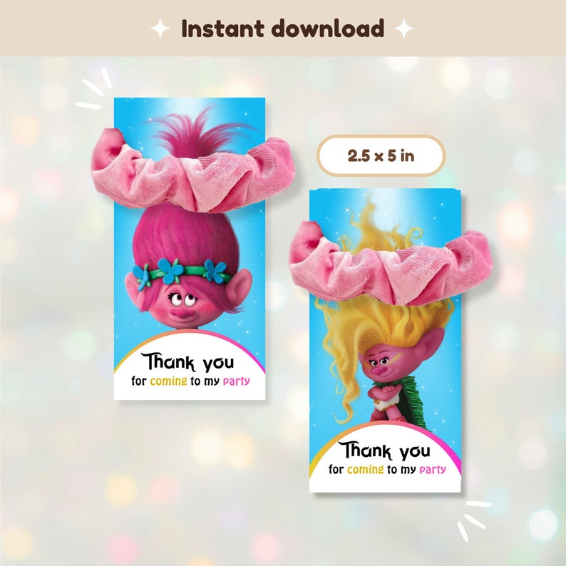 Trolls Birthday Thank You Tags Party Favor, Trolls Birthday Scrunchie ...
