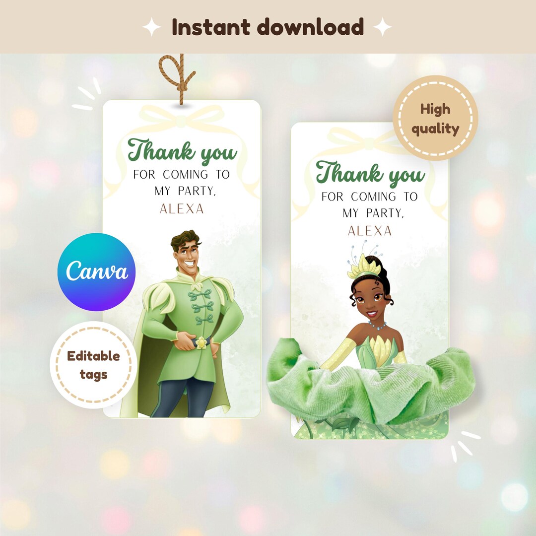 Princess Tiana Thank You Gift Tags: Editable Birthday Party Favors ...