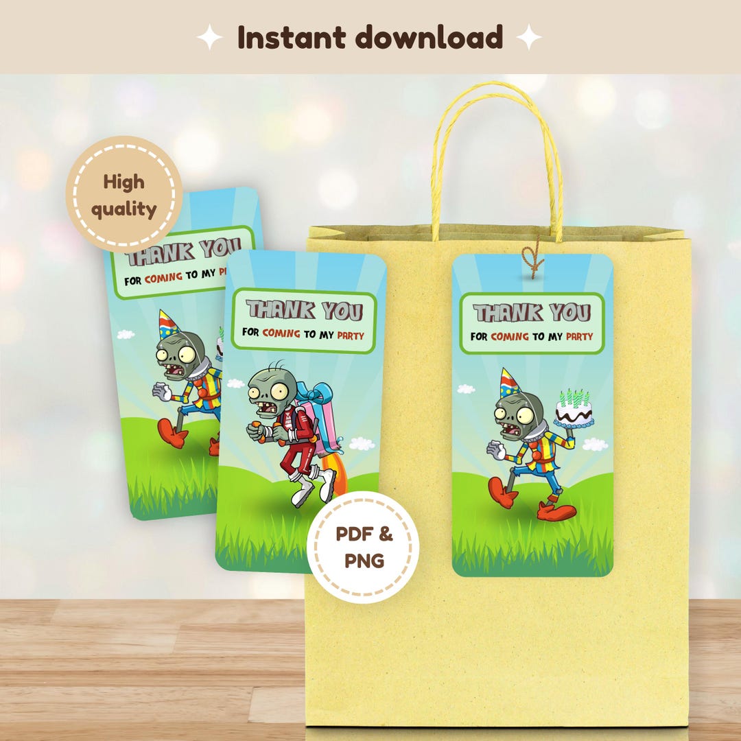 Plants Vs Zombies Thank You Tags, Birthday Party Favors, Party Supplies ...