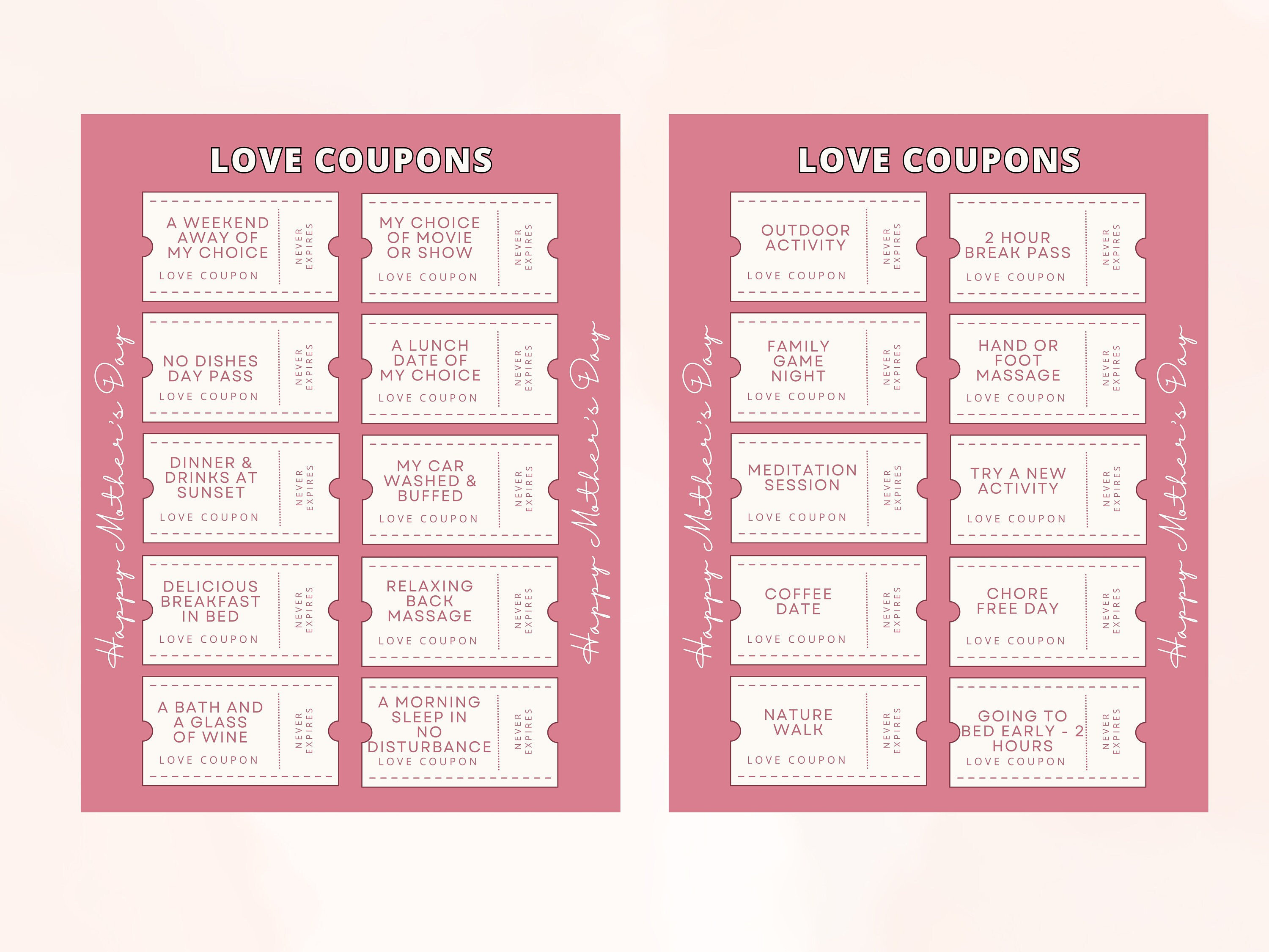 Printable Love Coupons Bundle Pink 20 Coupons Mother's Day Gift for Mom ...