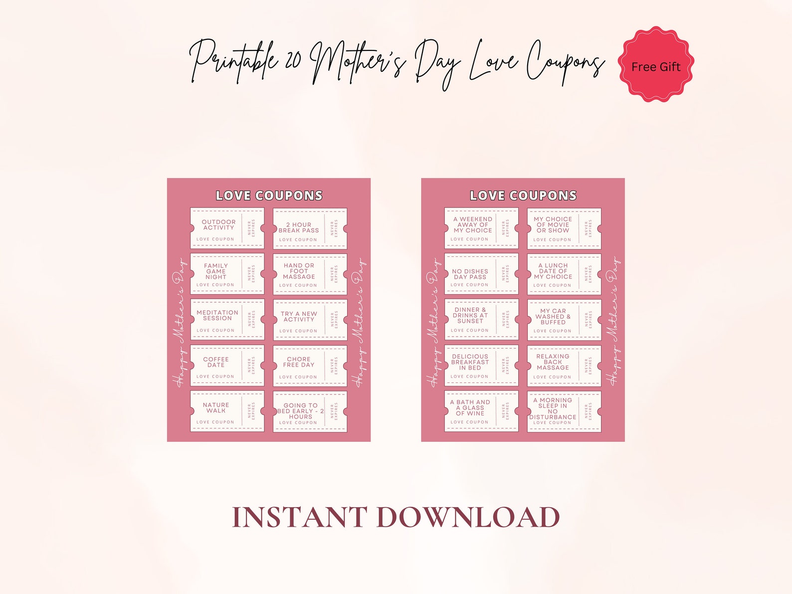 Printable Love Coupons Bundle Pink 20 Coupons Mother's Day Gift for Mom ...