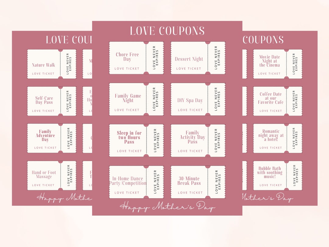 Printable Love Coupons Bundle Pink 24 Coupons Mother's Day Gift for Mom ...