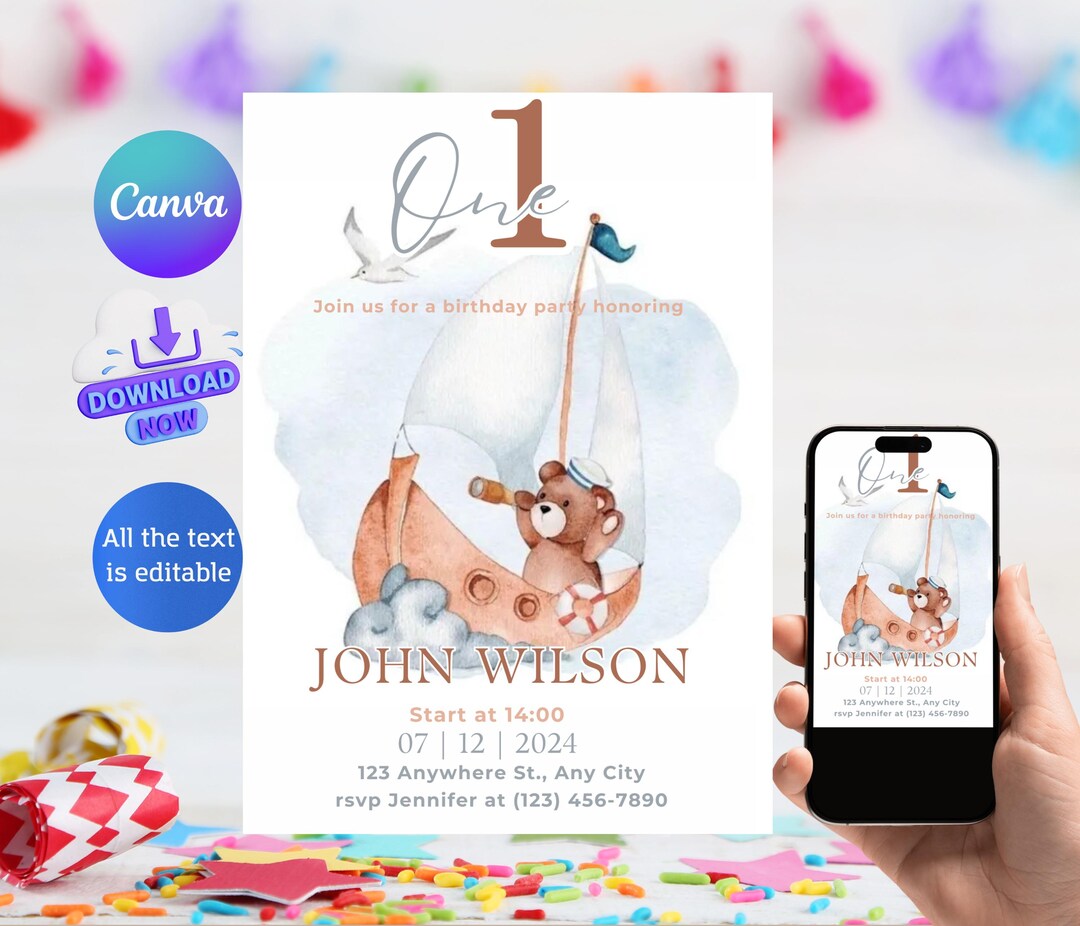 Editable Blue Teddy Bear Birthday Invitation|bear Invite| Boys Birthday ...