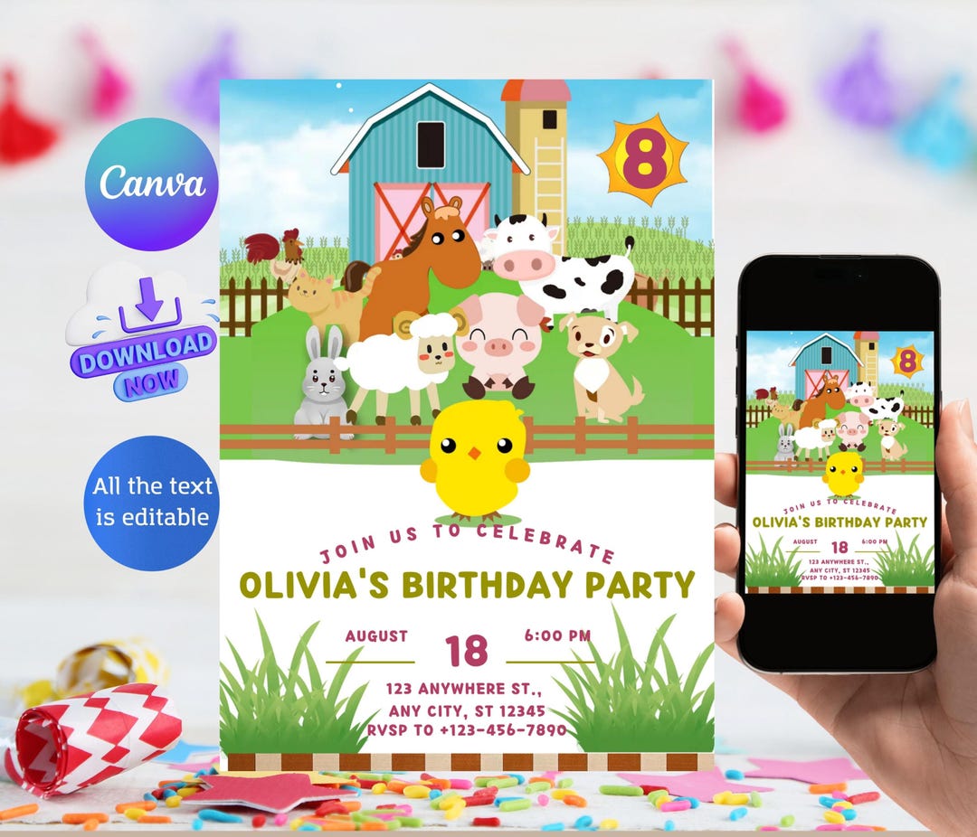 Farm Birthday Invitation | Editable Canva Template (digital Download ...