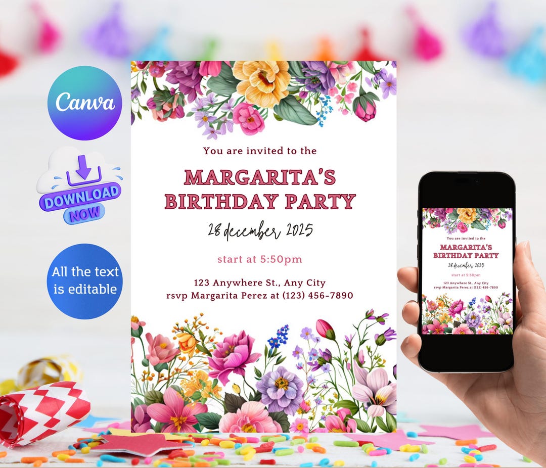 Editable Flowers Birthday Invitation|flowers Invite| Girls Birthday ...