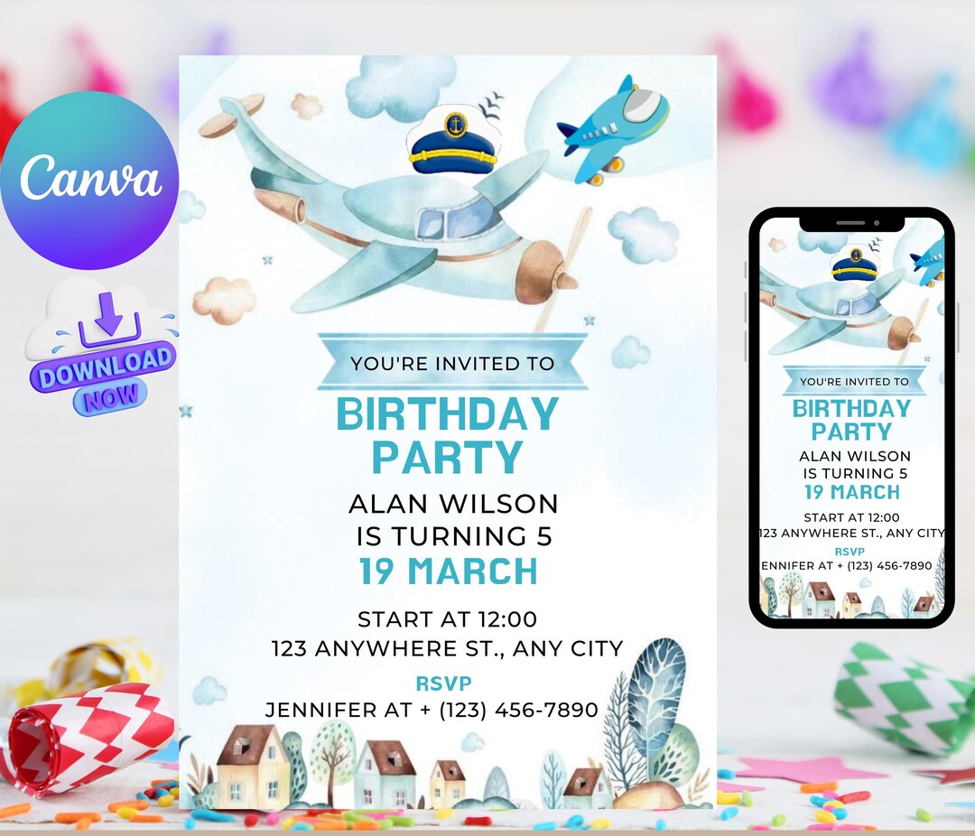 Airplane Birthday Invitation, Time Flies Birthday Invitation, Boy ...