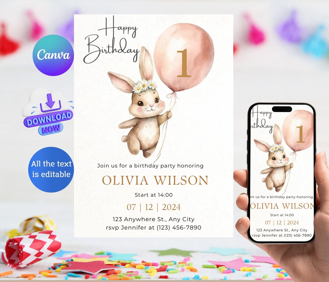 Editable Bunny Invitation Template, Bunny Invitation, Printable Rabbit ...