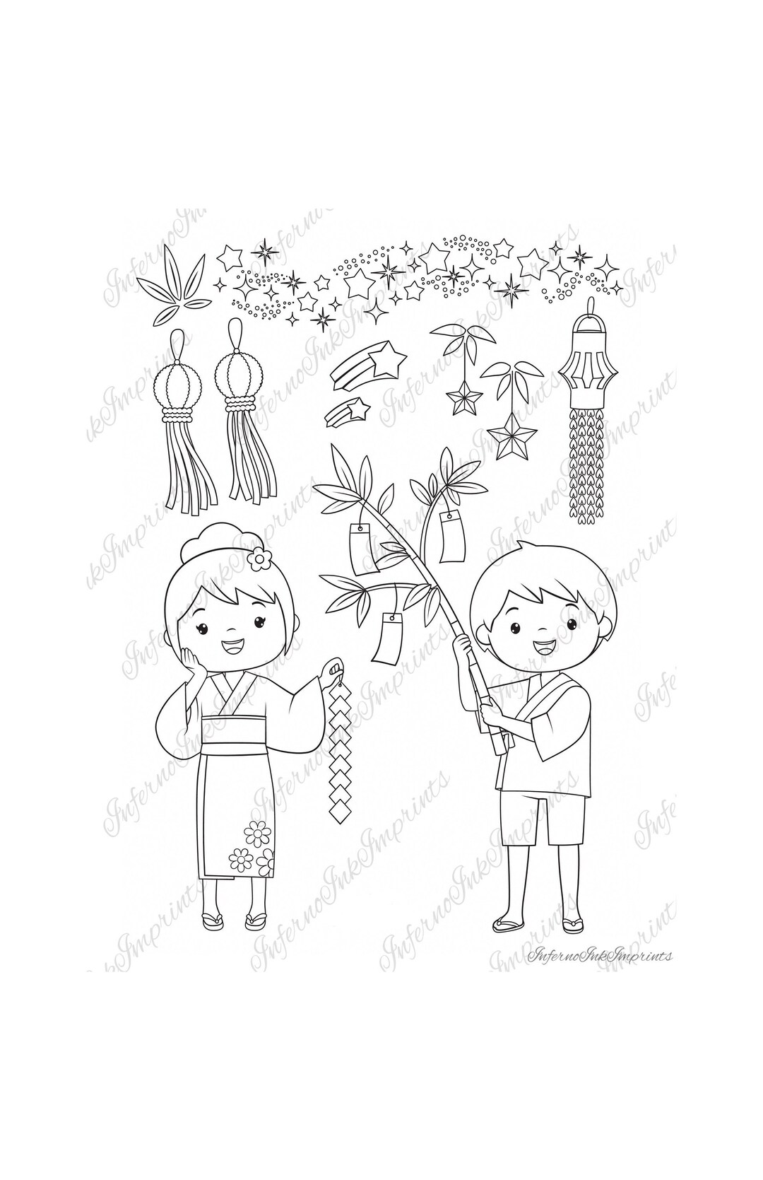 Tanabata, Coloring Page, Japanese Star Festival, Bamboo Wishes, Stars ...