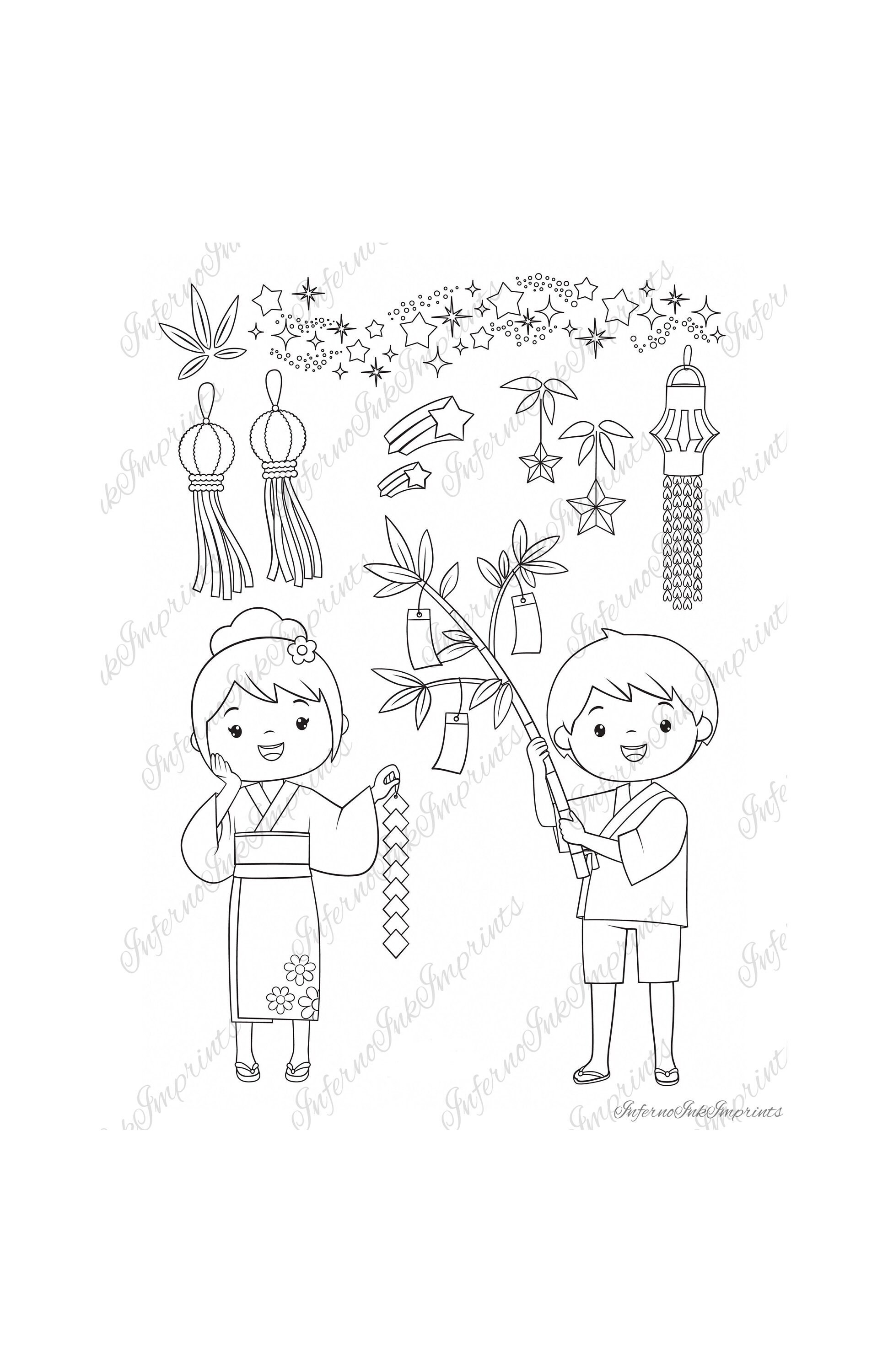 Tanabata, Coloring Page, Japanese Star Festival, Bamboo Wishes, Stars ...