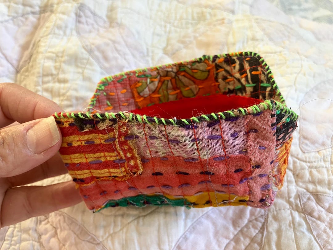 Hand Stitched Embroidered Small Fabric Cubby Dresser Box or Thread Box ...