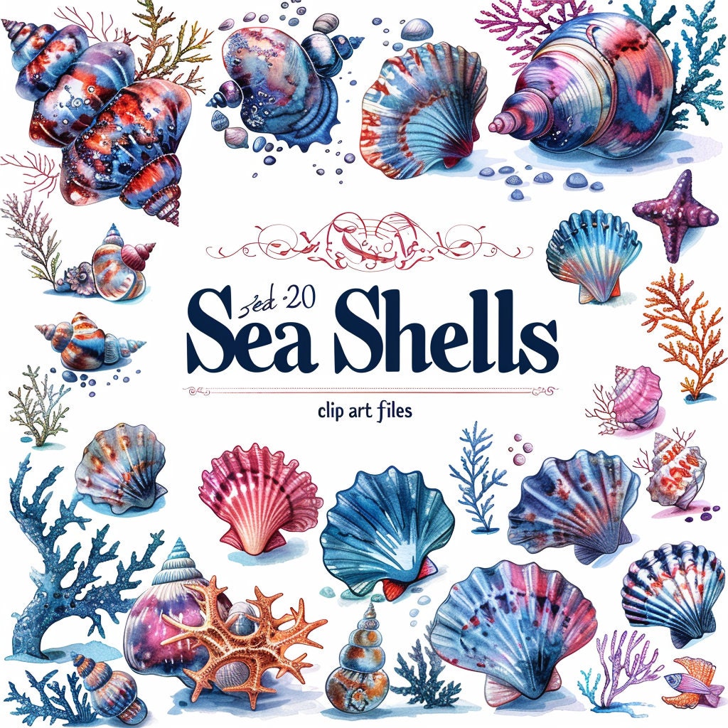 SEA SHELLS - 20 Clip Arts (400 Dpi, Sea Anemone, Sea Horse, Bundle ...