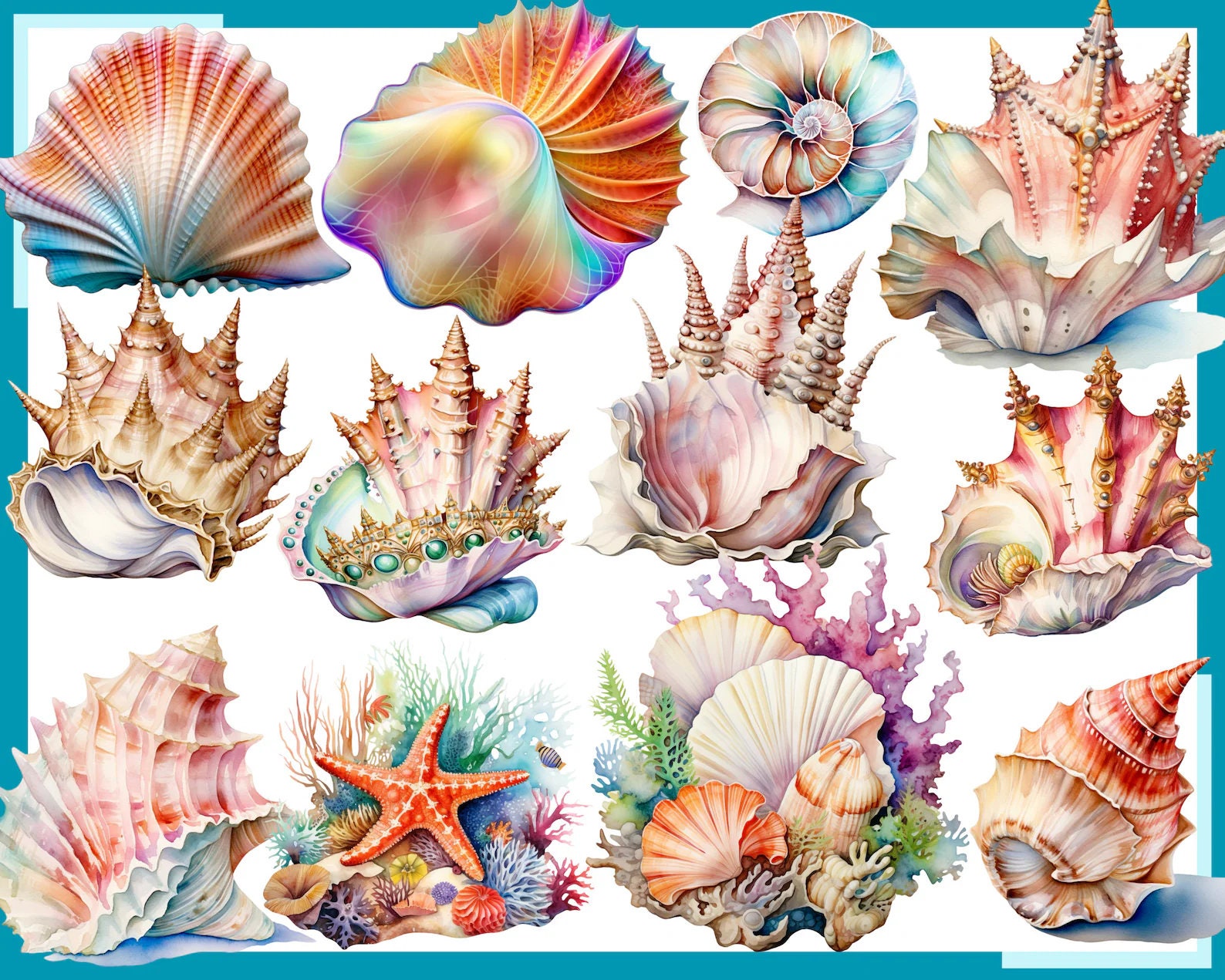 SEA SHELLS - 100 Clip Arts (300 Dpi, Sea Anemone, Sea Horse, Bundle ...