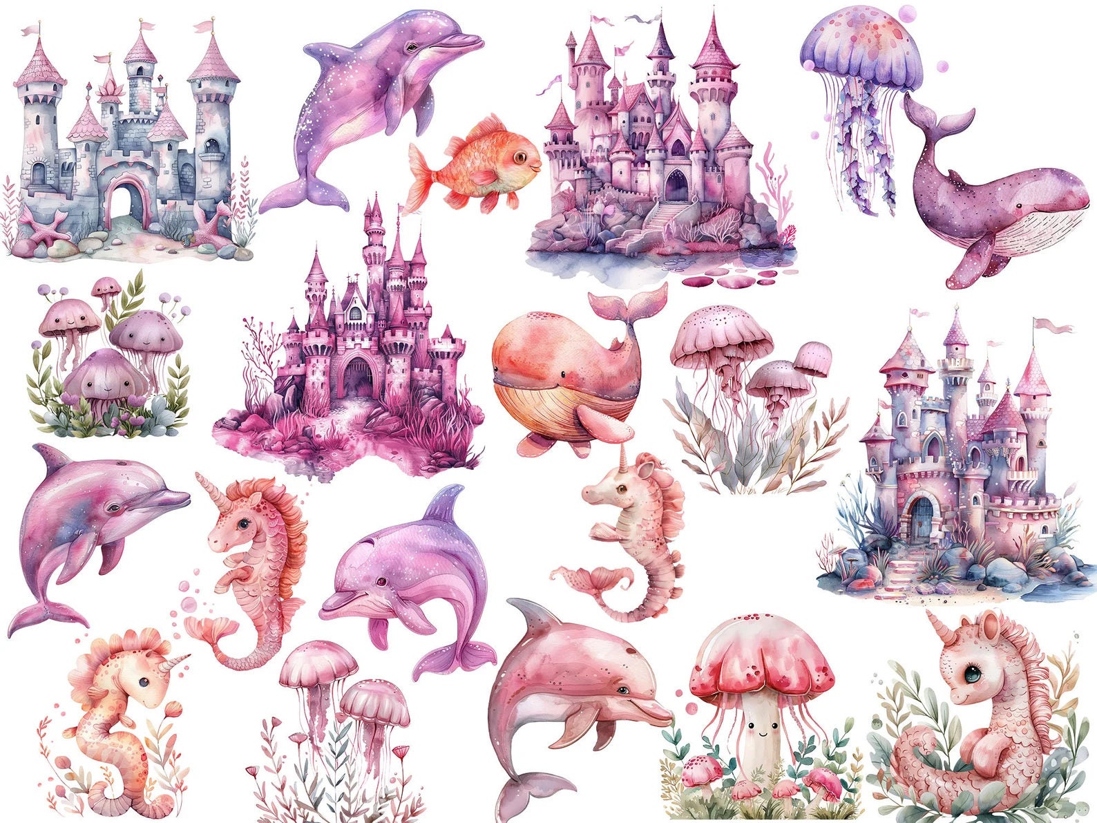 Little Mermaid Png, Sea Animals Clipart, Mermaid Castle, Watercolor ...
