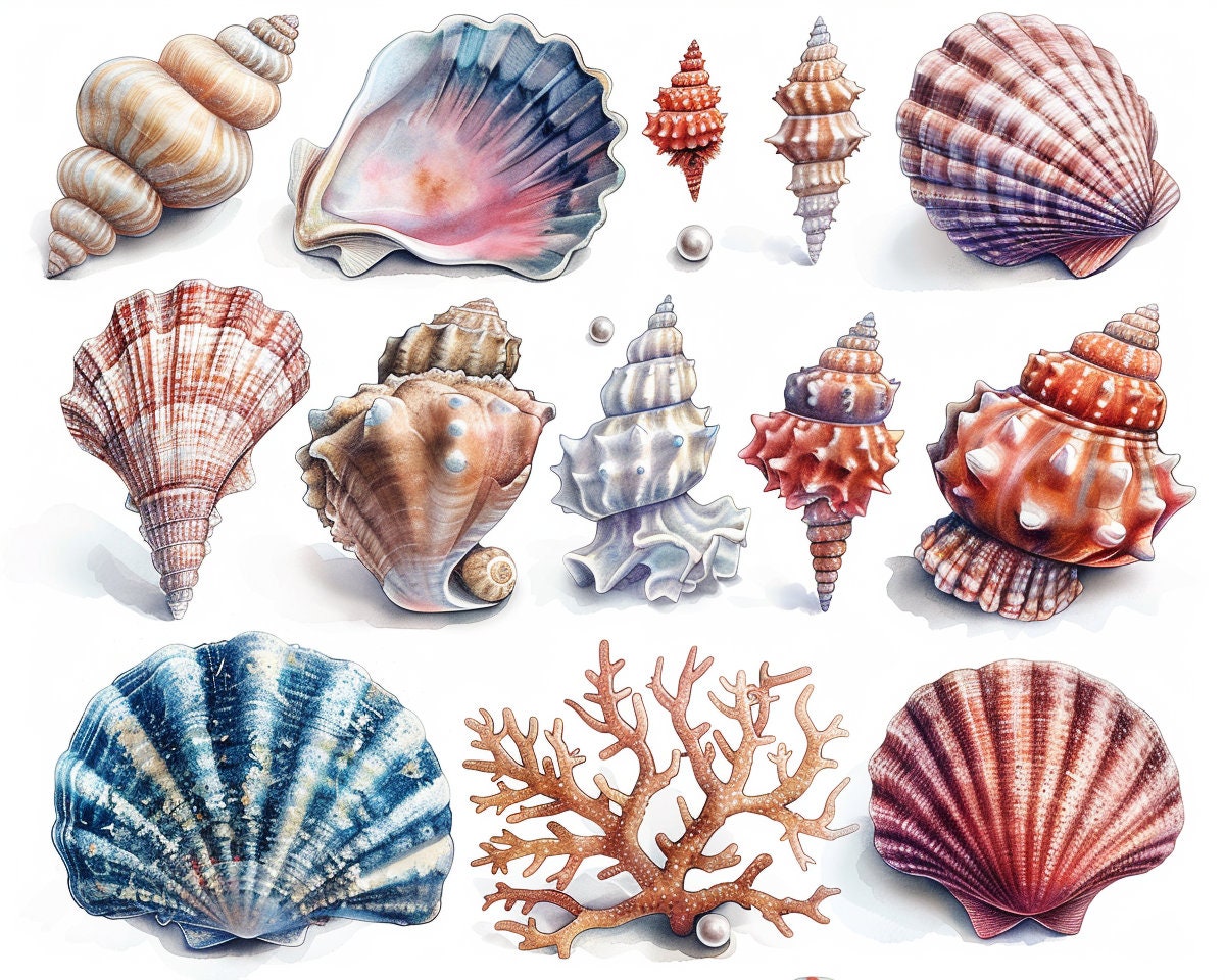 SEA SHELLS - 20 Clip Arts (400 Dpi, Sea Anemone, Sea Horse, Bundle ...