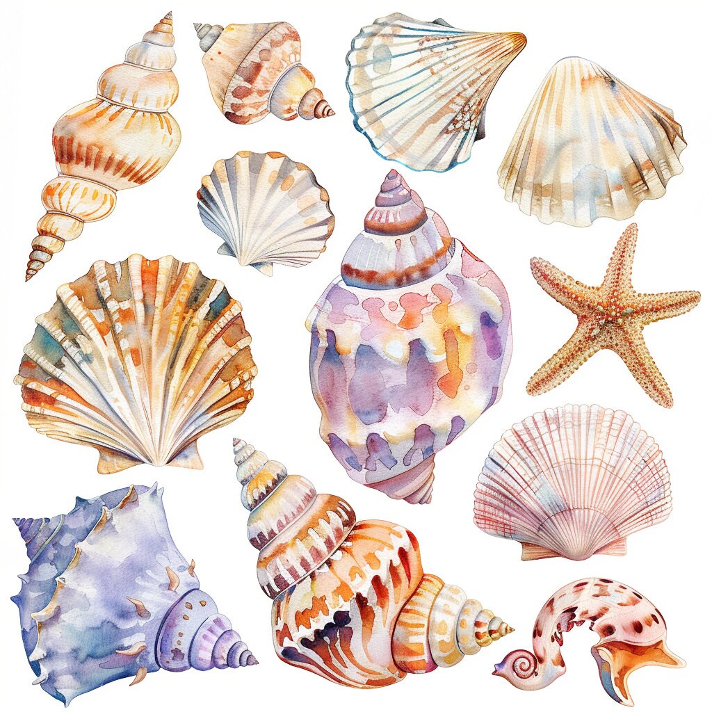 30 Seashells Clipart, Seashells PNG, Seashells Illustration, Watercolor ...