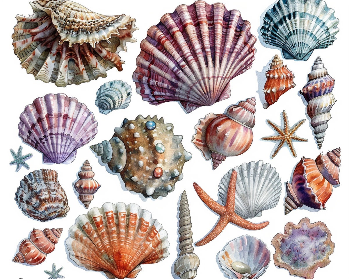 SEA SHELLS - 20 Clip Arts (400 Dpi, Sea Anemone, Sea Horse, Bundle ...